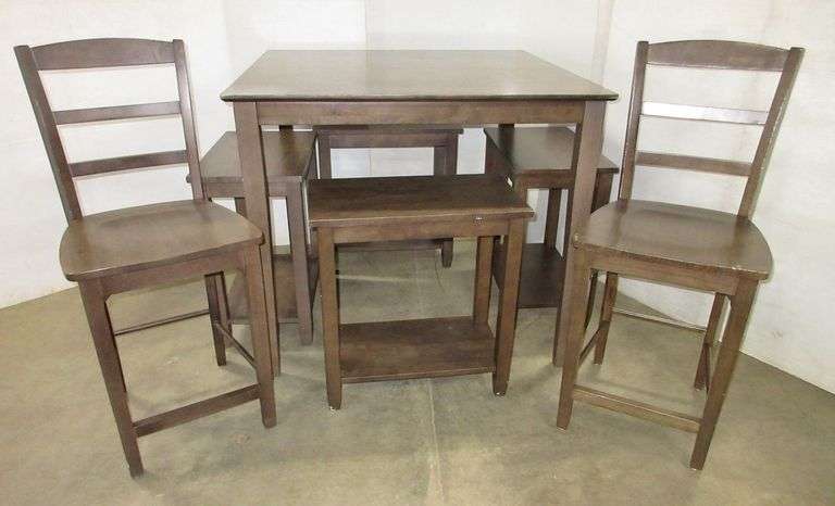 Wooden high top table, 42" x 42"Sq. x 36"H; (2) Chairs, 24 1/2"H seats ...