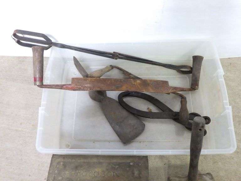 Antique Fordson tool box with (8) antique tools, up to 25"L , some ...