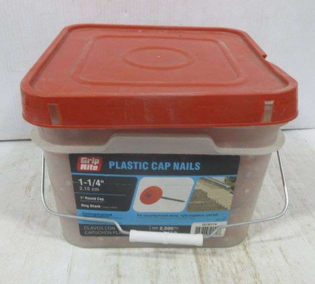 Box of 1 1/4" plastic cap nails, bucket cracked, unused - Albrecht ...