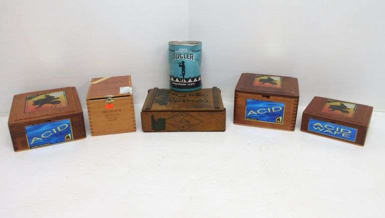 (3) Acid boxes, Oliva box, Crude Havana Cigar Boxes, and tobacco can ...