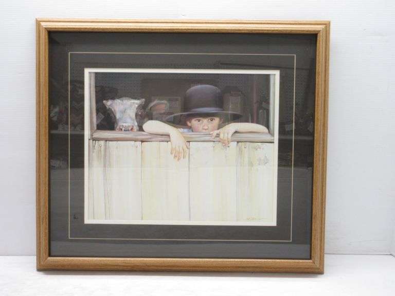 Amish print boy with cow, by N.A. Noel, in oak frame, 31"W x 27"H ...