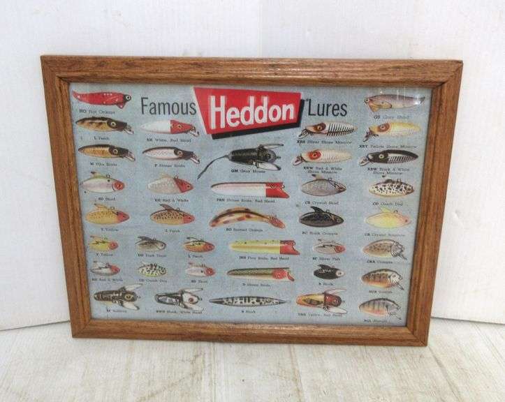 Oak framed print of older "Famous Heddon Lures", 16"W x 12"H, very good ...