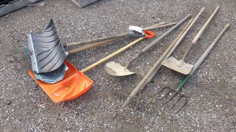 Flat shovel, spade shovel, lawn rake, (2) garden rakes, (3) snow ...