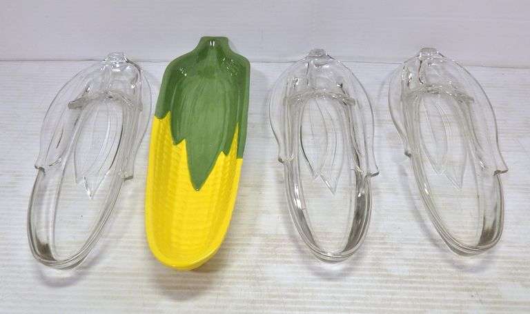 Green and yellow corn on the cob ceramic corn holder dish, and (3 ...