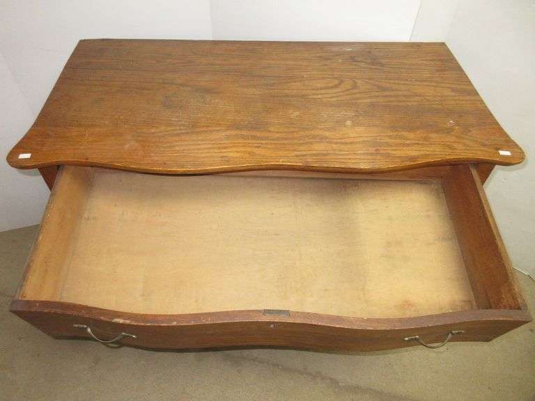 Oak three-drawer antique dresser, missing one caster, some top wear, 40 ...