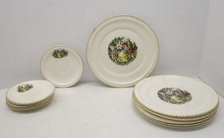 Harker Pottery Colonial Couple Plates, 22K gold trim, (6) 10"Dia dinner ...