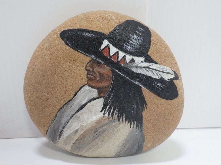 Hand Painted Native American Indian stone art rock, signed on back, 5 ...