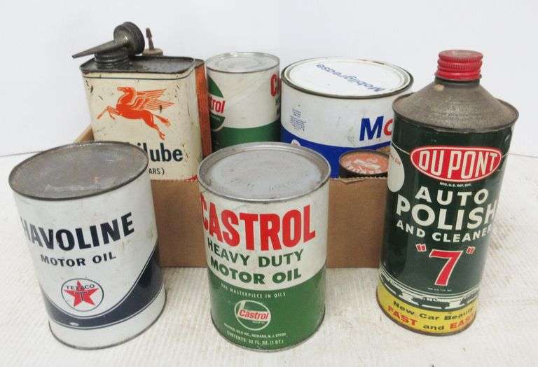 (10) 1950-1960 Automotive product and motor oil collectible cans, most full, Mobil lube with ...