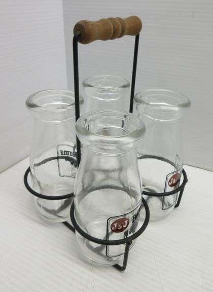 (4) Glass milk containers with wire and wood handle holders, J&J Farms ...