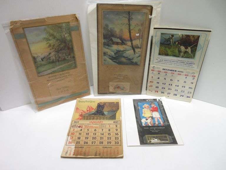 (5) Vintage calendars, 1930, 1937, 1938, 1950, and one salesman sample ...