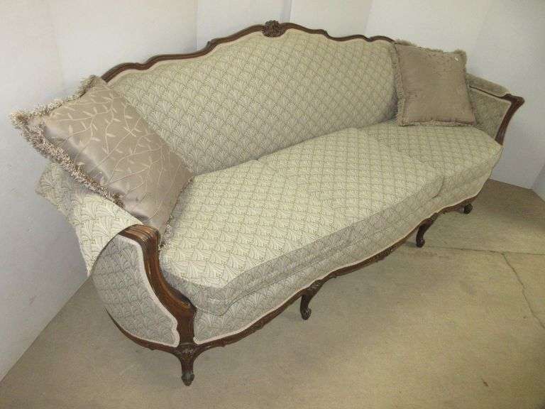 Antique three-seat wood framed sofa, upholstery by B&D Upholstery of ...