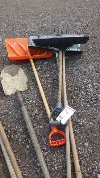 Flat shovel, spade shovel, lawn rake, (2) garden rakes, (3) snow ...
