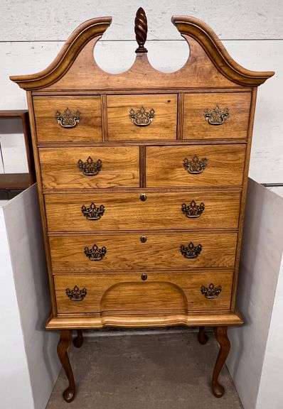 Colonial style highboy dresser, 8-drawer, oak finish, 38"W x 19"D x 74 ...