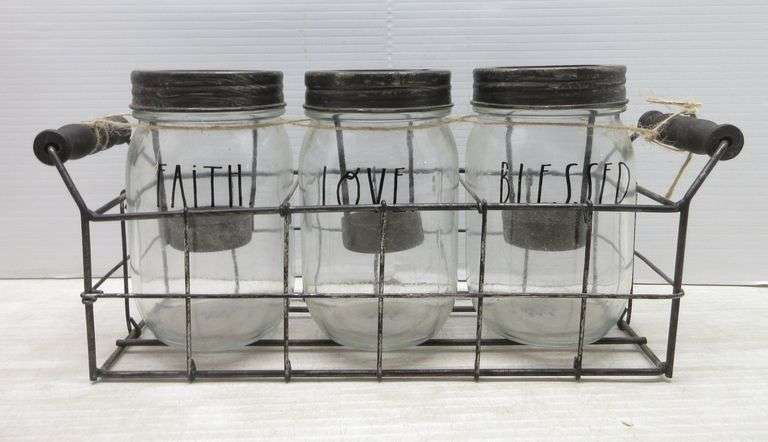 Three pint jars in a 12"W x 4"H wire rack, Faith-Love-Blessed candle ...