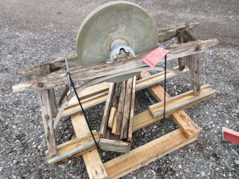 Antique sharpening wheel whetstone with foot pedal, wood base, and ...