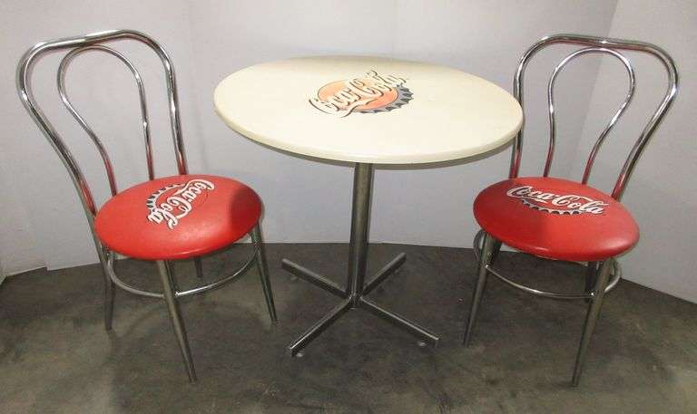 Retro Coca-Cola round table with (2) Coca-Cola chairs, Table- 30"Dia x ...