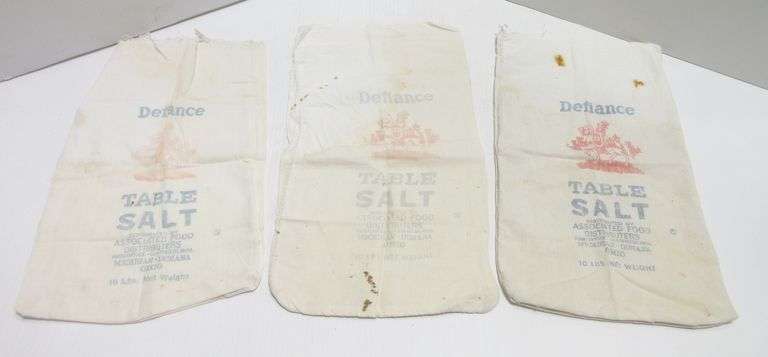 (3) Defiance 10 lb. salt bags, table salt cloth, good for age ...
