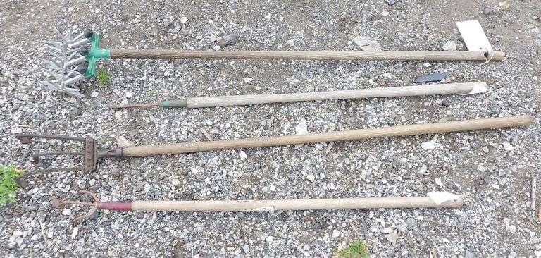 (4) Garden tools, includes: Weasel, 3-Prong cultivator, 3-Prong rake ...