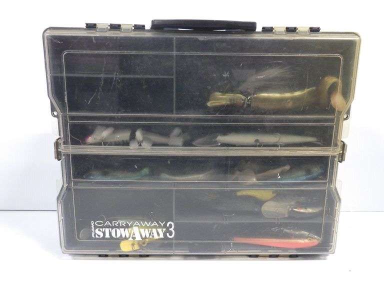 Tackle box with (15) Muskie lures, box- 19"W - Albrecht Auction Service