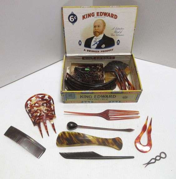 King Edward Cigars box filled with "Old" hair accessories, lucite ...