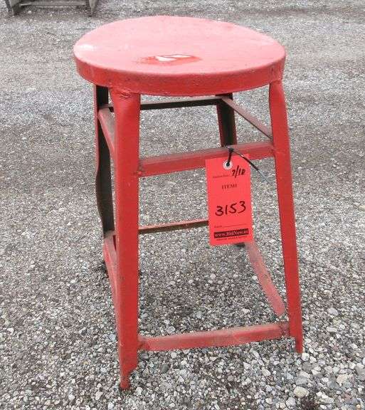 Older metal red stool seat, 21"H, one corner legs are unattached to ...
