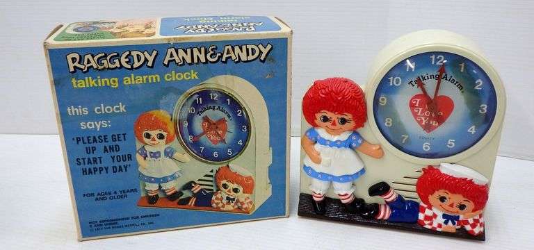 1974 Raggedy Ann and Andy, talking alarm clock in the original box, 7"W ...