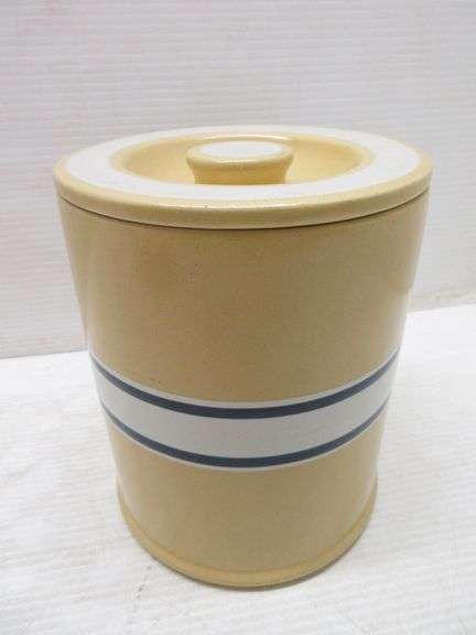 (2) Crocks with lids, over and back yellow ware; Pine state milk crate ...