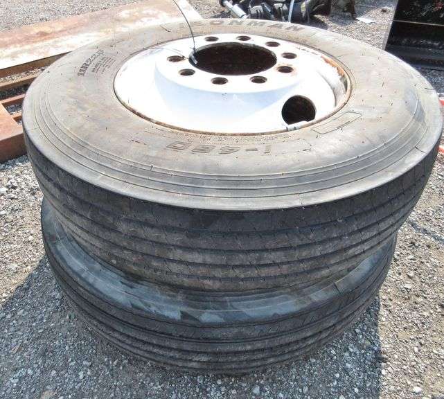 (2) Front steer tires and rim on stud piloted rims, 11R x 22.5, used ...