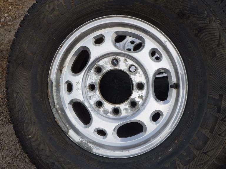 GM 8-Lug aluminum wheels, 8 x 165 x 16, tires worn, corrosion on wheels ...