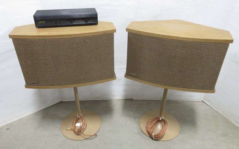 Older Bose 901 speakers with equalizer, on tulip stands, 21"W x 13"D x ...