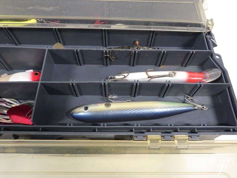 Tackle box with (15) Muskie lures, box- 19"W - Albrecht Auction Service