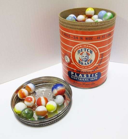 Dutch brand electrical tape container filled with various sized marbles ...