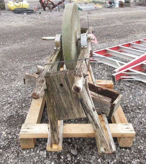 Antique sharpening wheel whetstone with foot pedal, wood base, and ...