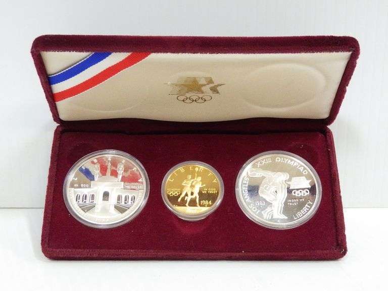 1983-1984 Olympic 3-coin commemorative proof set with $10 gold coin ...