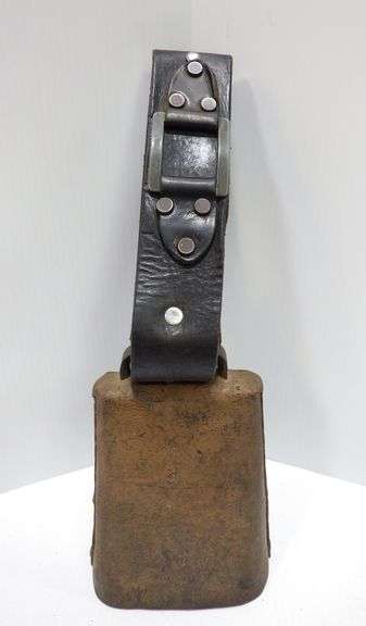 Antique cow bell with buted leather strap, bell- 7 1/2"H, good ...