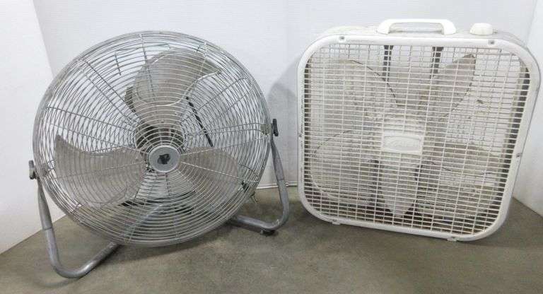 (2) Electric fans, include: 1- Box fan, 1- Powermax fan, both have wear ...