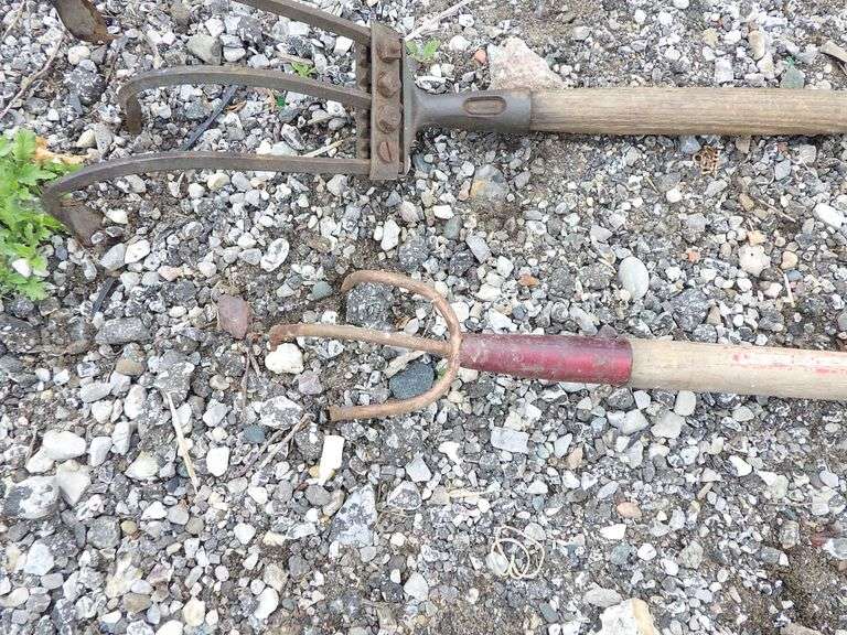 (4) Garden tools, includes: Weasel, 3-Prong cultivator, 3-Prong rake ...