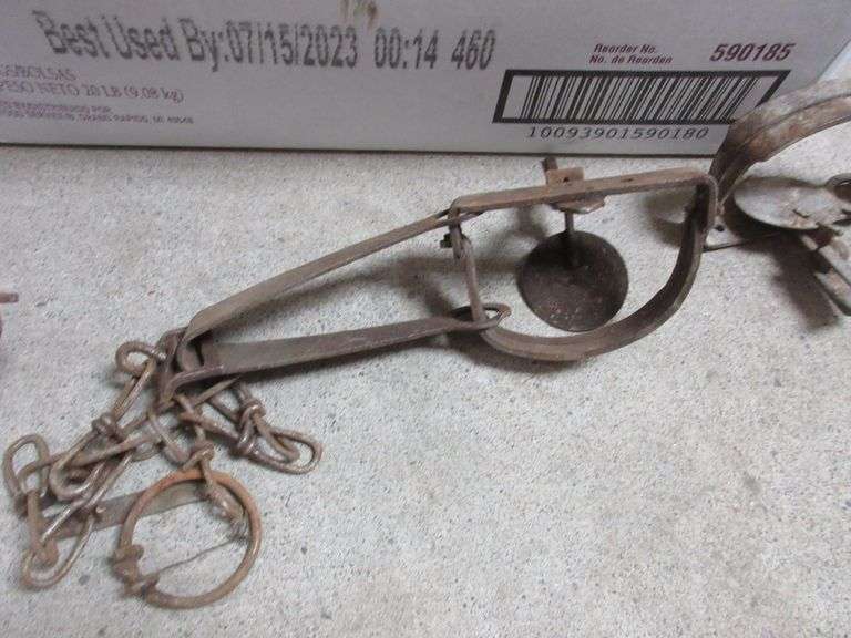 Box of traps, includes: (11) Leg traps in two different sizes, and 14 ...