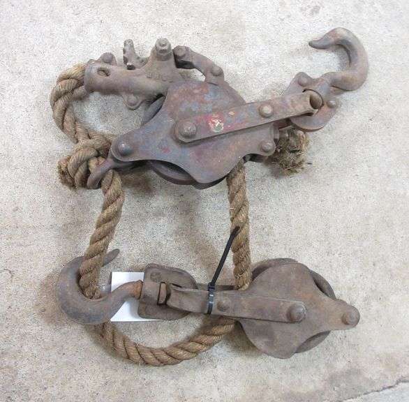 (2) Antique pulley system, 5" pulleys with hooks, one has locking ...