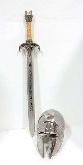 Corinthian style helmet, steel with detailed sword, sword- 38 1/2 ...