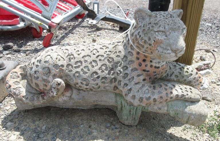 Concrete garden statue, leopard on log, 27" x 14", normal wear ...