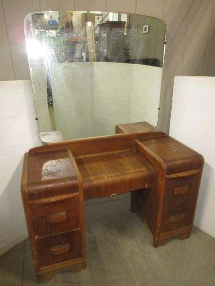 Antique waterfall vanity with mirror, 46"W x 19"D x 29"H, some veneer ...