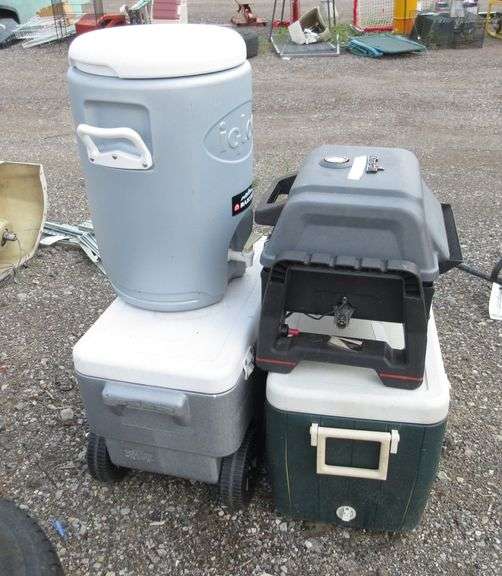 Camping items, includes: Electric air pump, new; Large rectangular ...