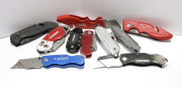 (10) Box cutters, include: 6- Husky, 2- Milwaukee, 1- Kobalt, and 1 ...