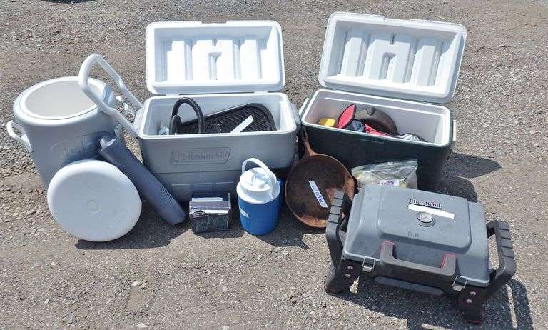 Camping items, includes: Electric air pump, new; Large rectangular ...
