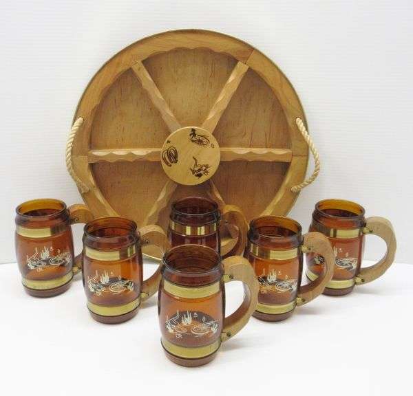 1960's Siesta ware glass mugs with wooden handles, and a wagon wheel ...