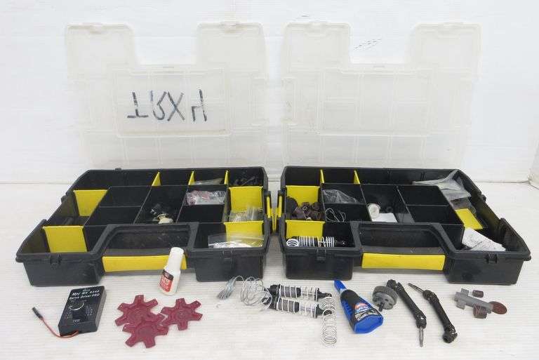 (2) Stanley storage containers of RC car parts, 14"W x 11"D x 2 1/2"H ...