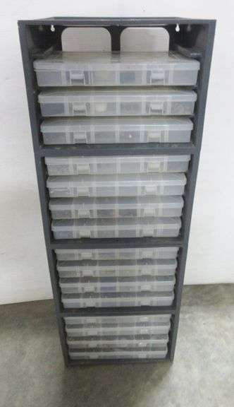 15-Bin plano parts bin cabinet filled with misc. hardware, 44 1/2"H ...