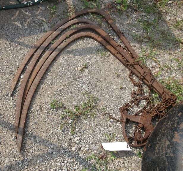 (4) Vintage hay claw/grapple forks with chains, and barn trolley ...