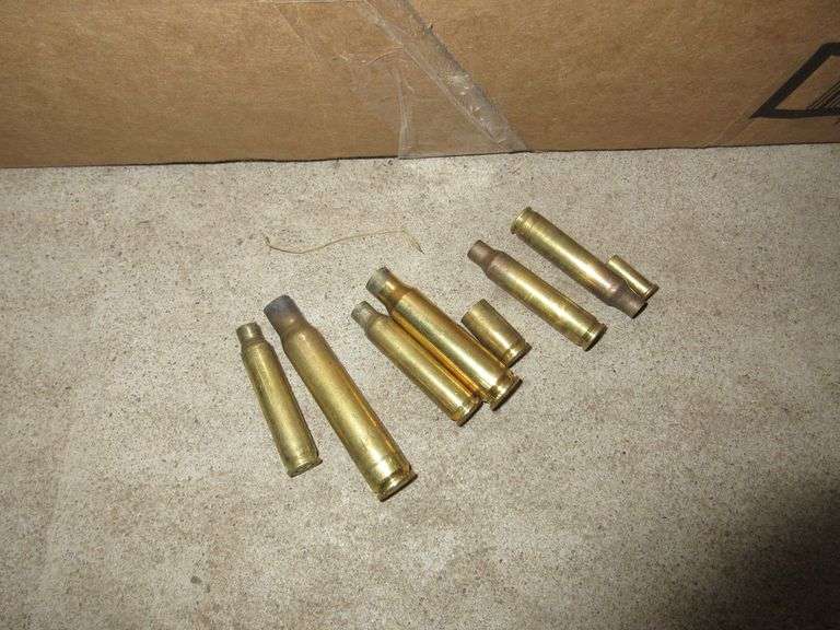 Box of empty brass for reloading, over (500) empty shell casings, .223 30-06, .45-cal 9mm, 6.5 ...
